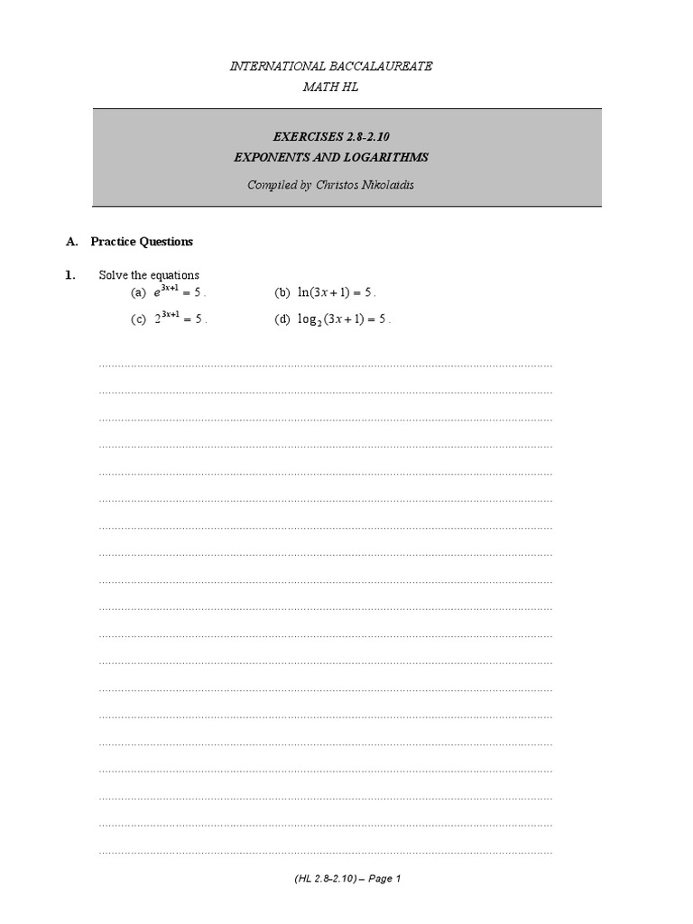 IB Math HL Exponents & Logarithms Exercises | PDF | Logarithm ...