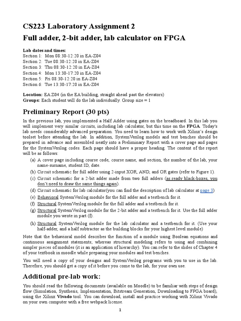 CS223 Laboratory Assignment 2 Full Adder, 2-Bit Adder, Lab Calculator On FPGA | PDF | Computer ...