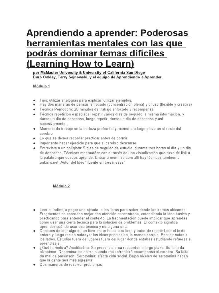 Coursera - Aprendiendo A Aprender | PDF | Memoria | Aprendizaje