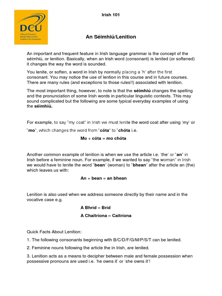An Séimhiú/Lenition: Irish 101 | PDF