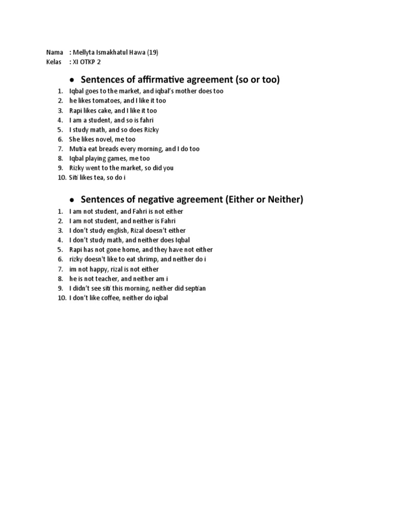 Sentences of Affirmative Agreement (So or Too) | PDF