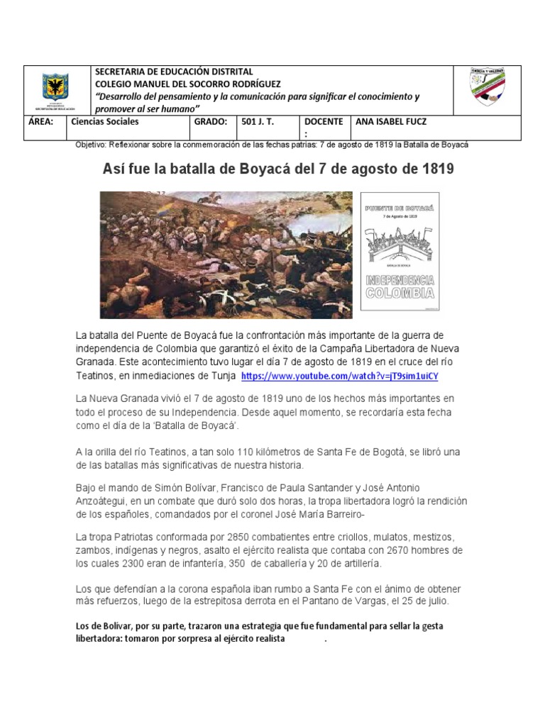 Guia Sociales Grado 501 Batalla de Boyaca | PDF | Conflictos del segundo milenio | Guerra