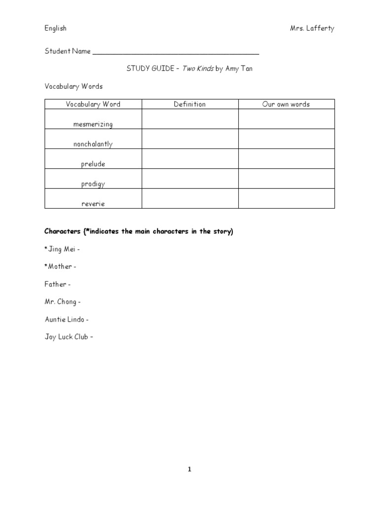 Two Kinds Study Guide | PDF | Language Arts & Discipline | General Fiction
