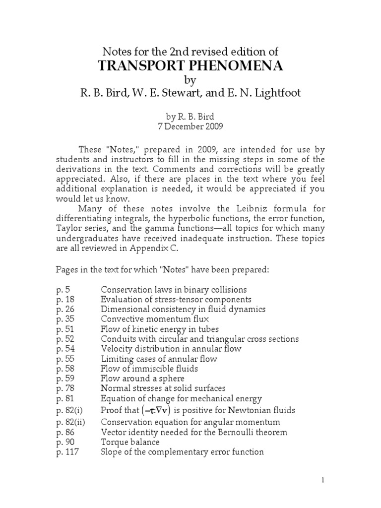 Transport Phenomena: Notes For The 2nd Revised Edition of by R. B. Bird ...