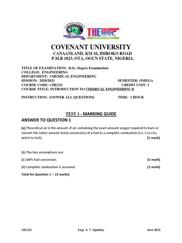 Che 221 Test 1 Marking Guide 2021 - 2 | PDF | Combustion | Stoichiometry