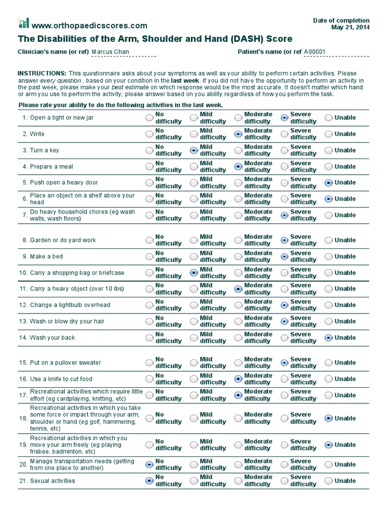 The Disabilities of The Arm, Shoulder and Hand (DASH) Score | PDF ...