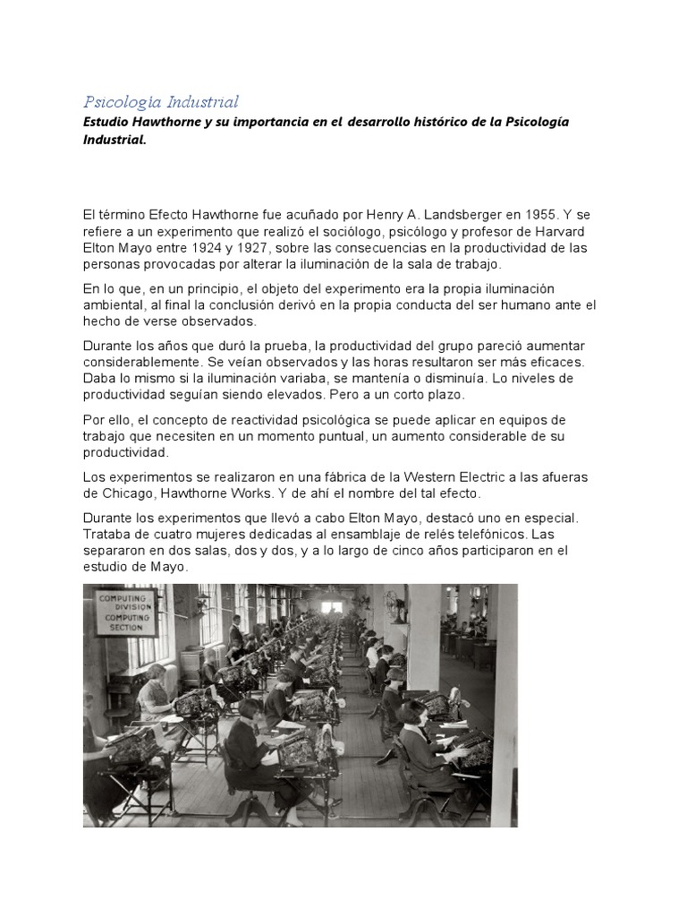 Estudio Hawthorne y Su Importancia en El Desarrollo Histórico de La ...