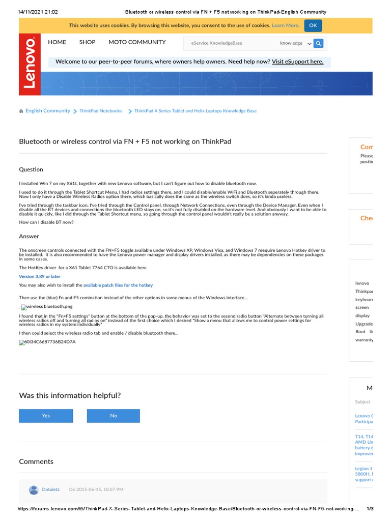Bluetooth or Wireless Control Via FN + F5 Not Working On ThinkPad ...