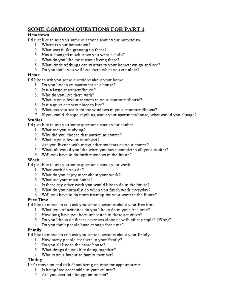 Speaking - Some Common Questions For Part 1,2,3 Ielts | Download Free ...