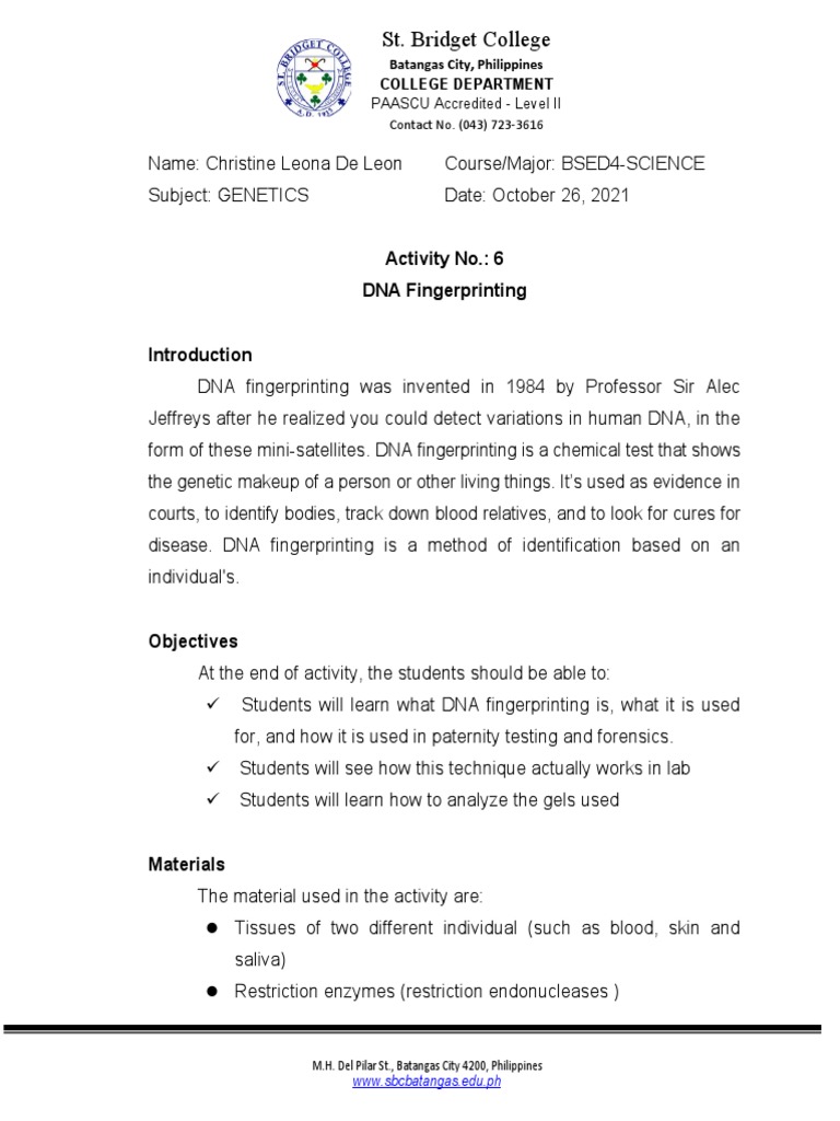 St. Bridget College: Activity No.: 6 DNA Fingerprinting | PDF | Gel ...