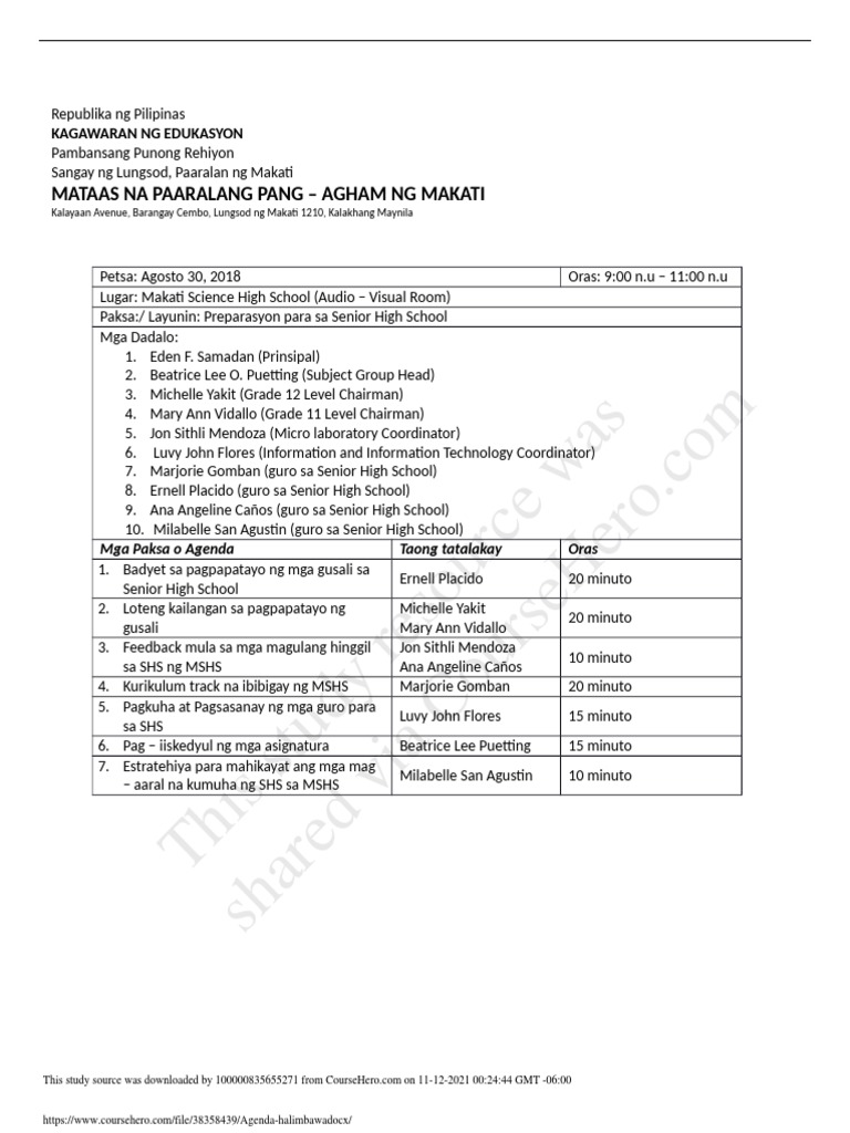 Agenda Halimbawa | PDF