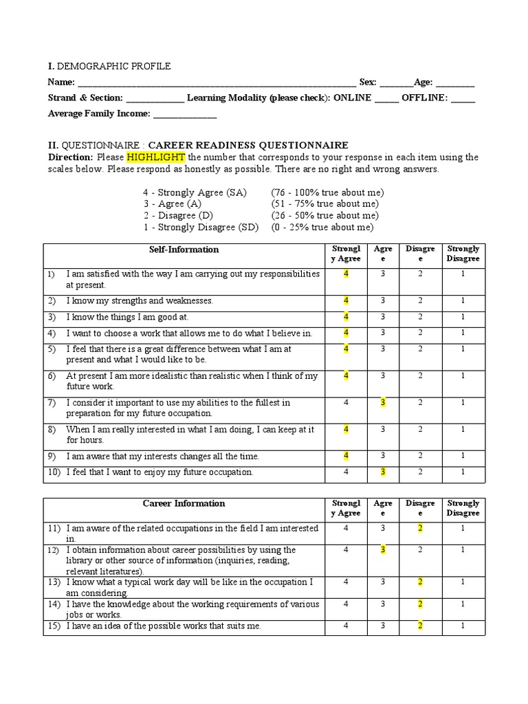 Self Report Questionnaire CAREER READINESS QUESTIONNAIRE | PDF | Mind ...