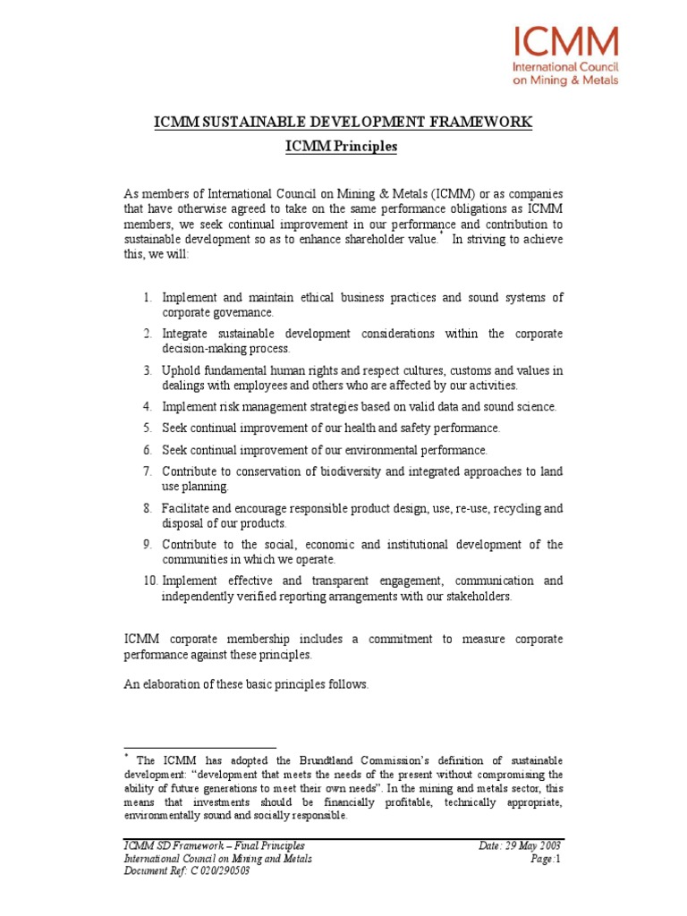 Icmm Sustainable Development Framework | PDF | Sustainability ...
