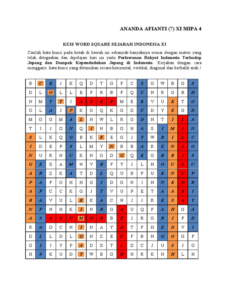 Kuis Word Square Sejarah Indonesia Xi Mipa 4 - Ananda Afianti | PDF