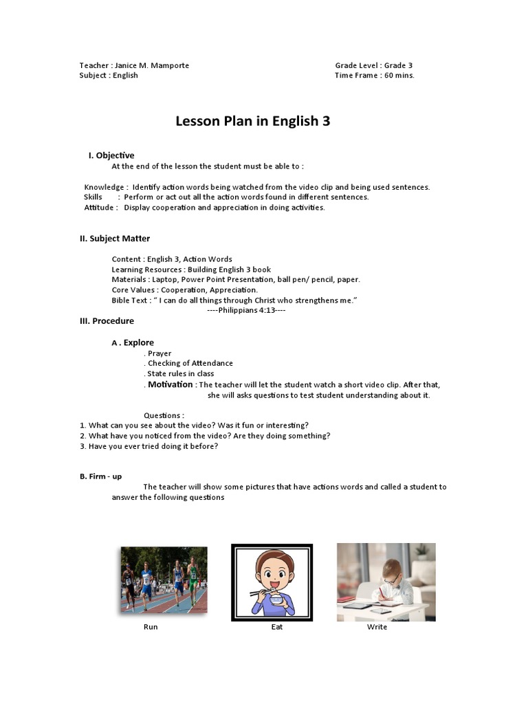 Grade 3 English Lesson on Action Words | PDF | Lesson Plan | English ...