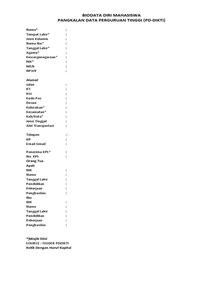 Format Biodata Diri Mahasiswa Unkhair | PDF