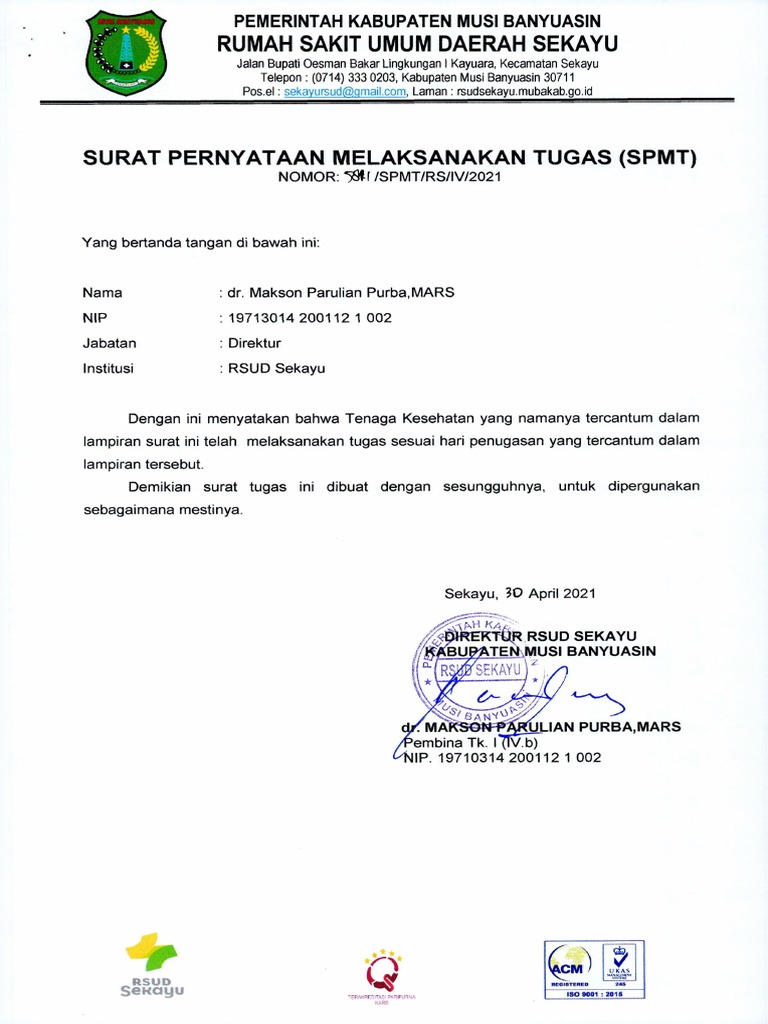 Surat Pernyataan Melaksanakan Tugas (SPMT) : Rumah Sakit Umum Daerah Sekayu | PDF