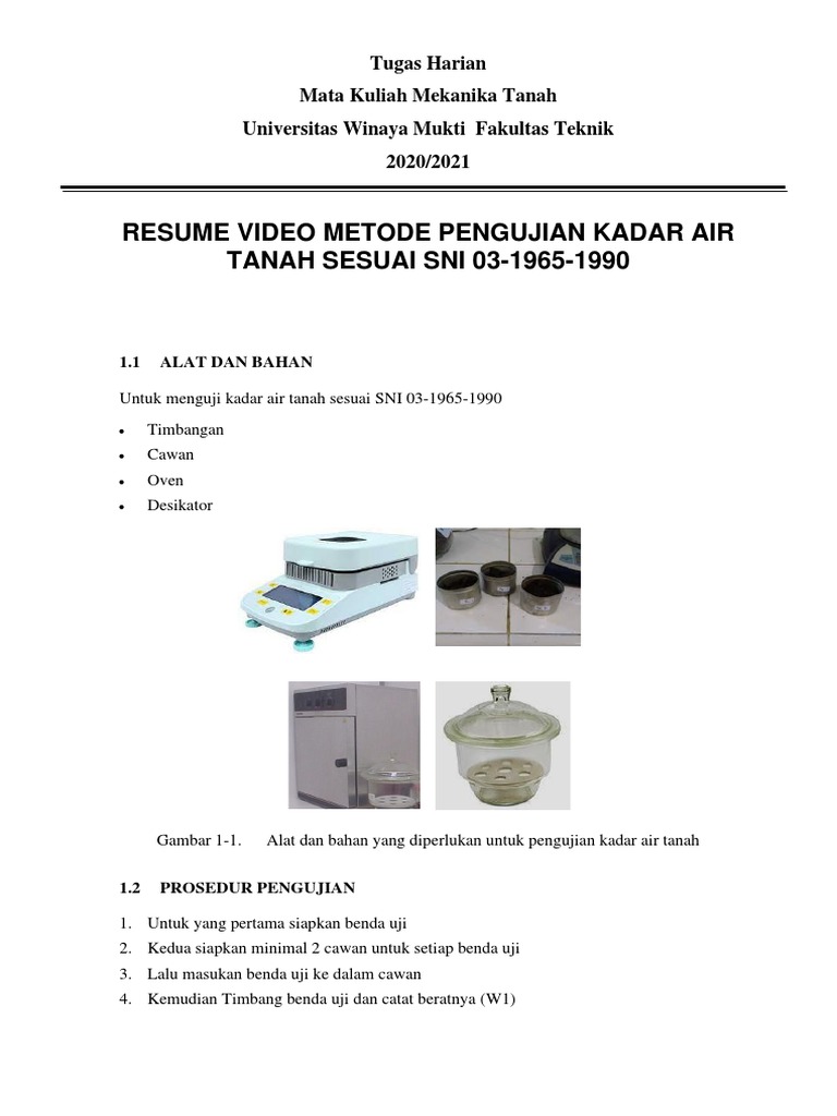 Resume (Metode Pengujian Kadar Air Tanah SNI 03-1965-1990) Fillah ...