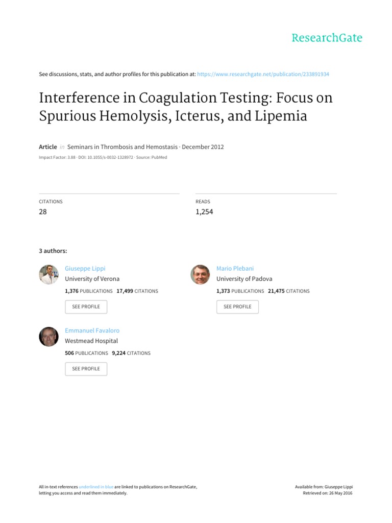 Interference in Coagulation Testing: Focus On Spurious Hemolysis ...