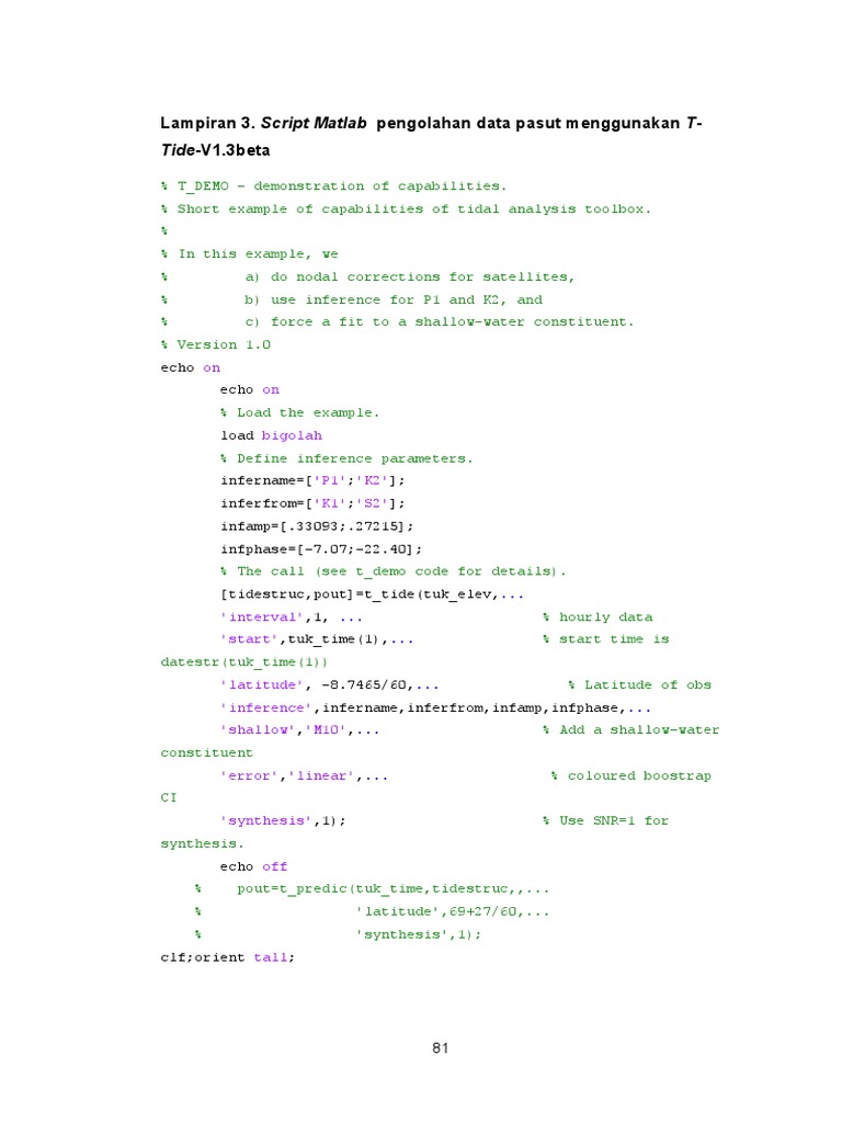 Tide-V1.3beta: Lampiran 3. Script Matlab Pengolahan Data Pasut Menggunakan T | PDF