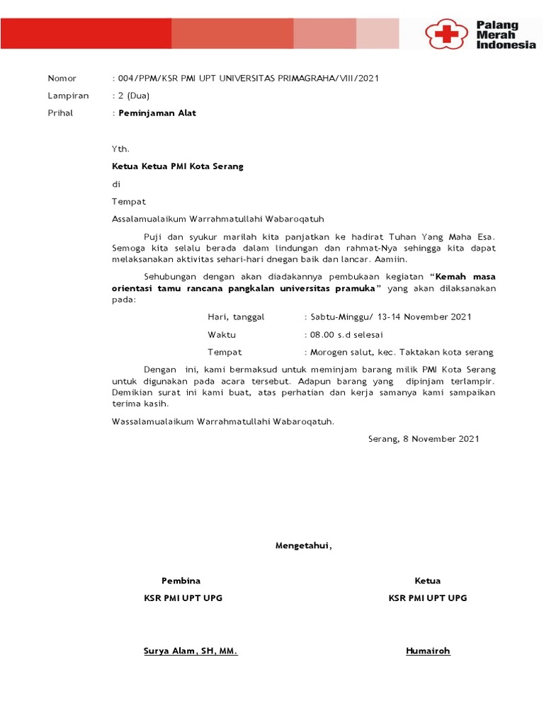 Surat Peminjaman Alat PMI Universitas | PDF