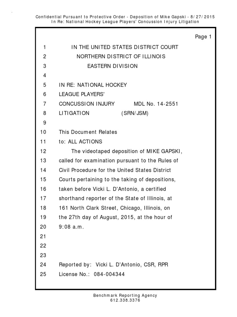 Deposition of Mike Gapski - 8/27/2015 | PDF | Deposition (Law) | Concussion