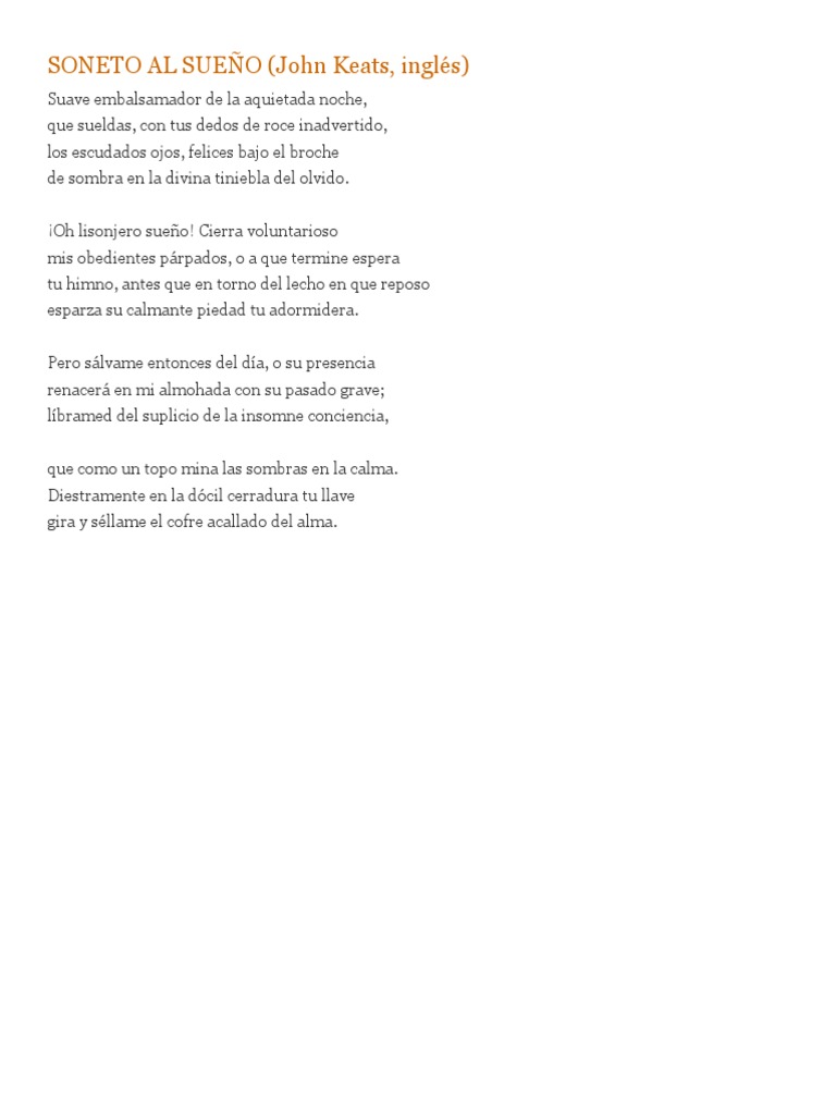 Grandes Poemas Universales - Soneto Al Sueño (John Keats, Inglés) | PDF
