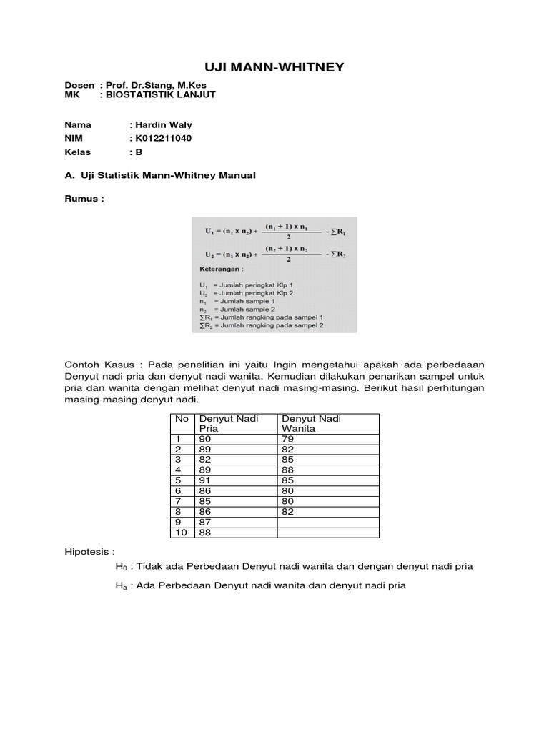 Biostatistik-Uji Statistik Mann-Whitney | PDF