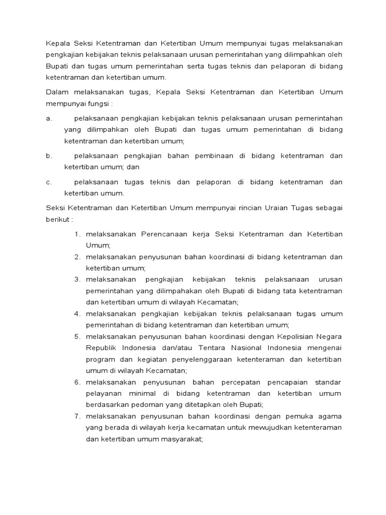 Tupoksi Dan Uraian Tugas Kasi Trantibum Kecamatan | PDF