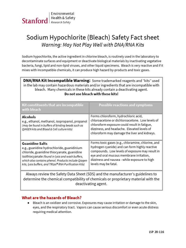 Bleach and Incompatible FactSheet LSP 20 116 | PDF | Chlorine | Bleach