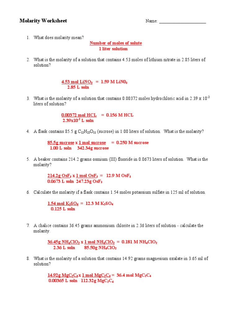 Worksheet - Molarity 2 Wksheet Key | PDF | Mole (Unit) | Sodium Hydroxide