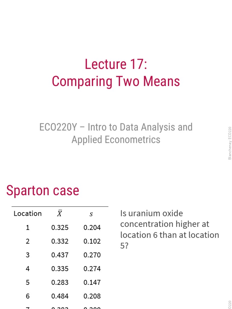 Comparing Two Means: ECO220Y - Intro To Data Analysis and Applied ...