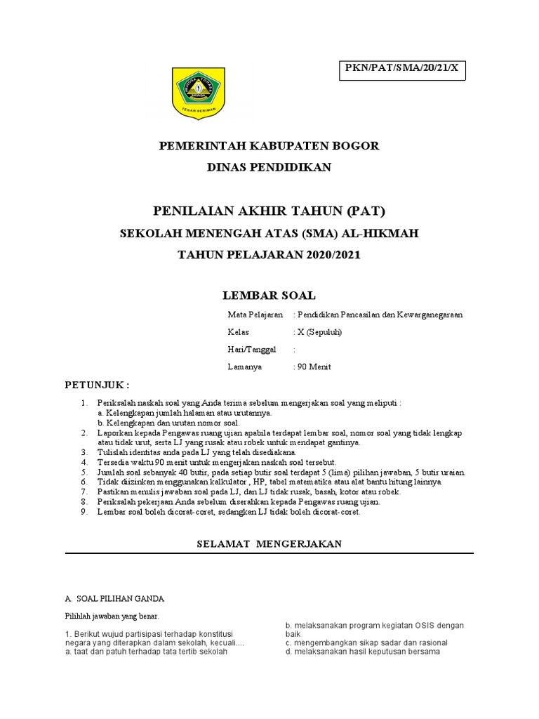 Soal Pat PKN KLS X | PDF
