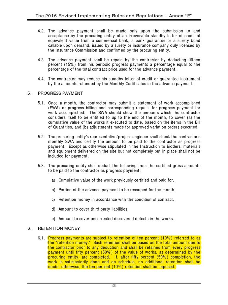 Provisions for Progress Payments, Retention Money, Contract Completion ...