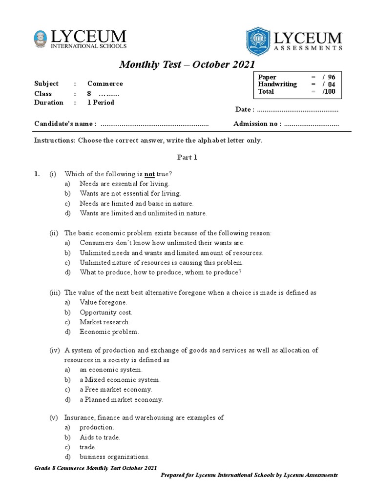Grade 8 Commerce Test - October 2021 | PDF | Economic System | Market ...