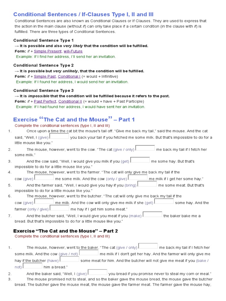 Conditional Sentences / If-Clauses Type I, II and III | PDF | Sentence ...