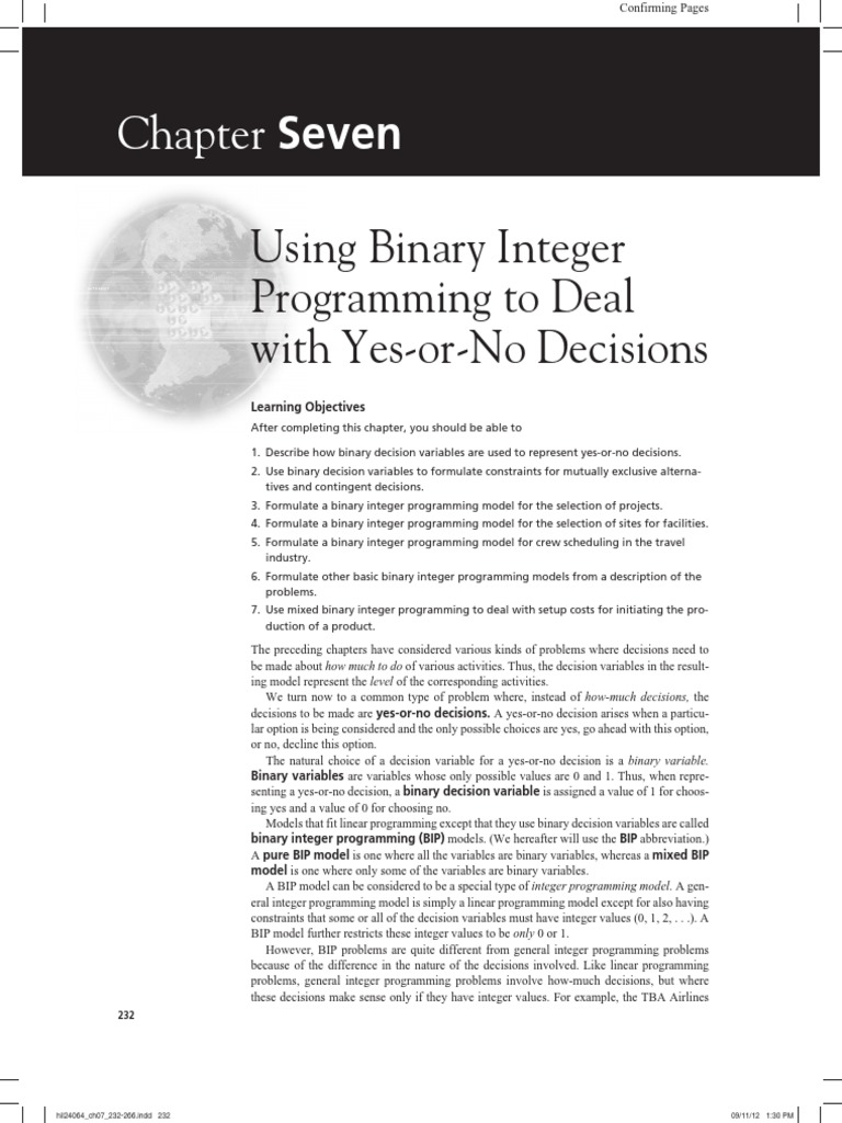 Chapter Seven: Using Binary Integer Programming To Deal With Yes-or-No Decisions | PDF | Linear ...