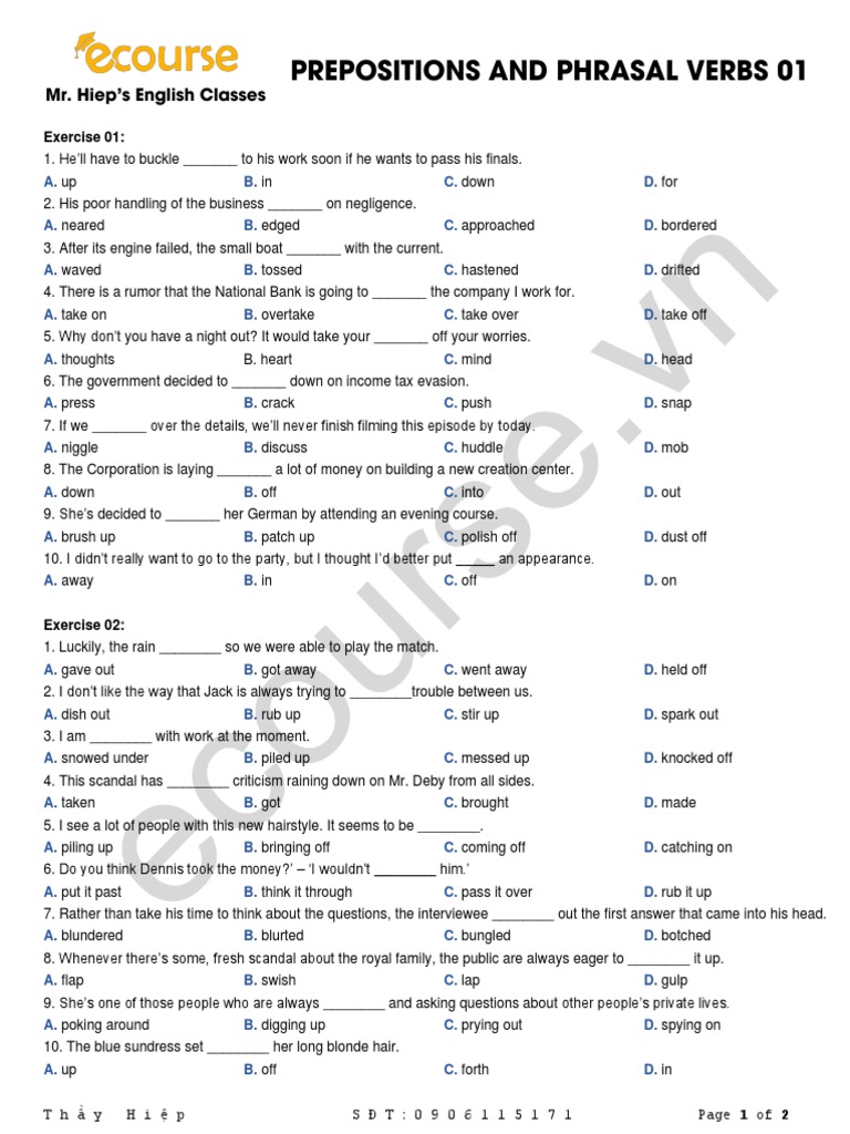 Prepositions and Phrasal Verbs 01 | PDF