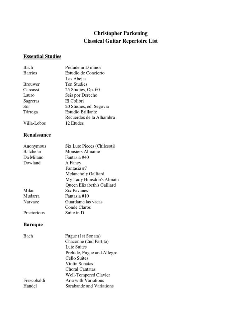 Classical Guitar Repertoire Guide | PDF | Suite (Music) | Variation (Music)