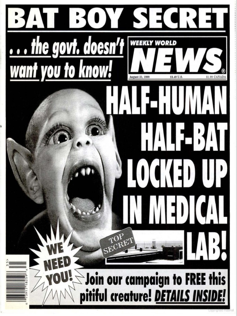 Weekly World News Aug 31st 1999 - Bat Boy Secret, Half-Human, Half-Bat ...