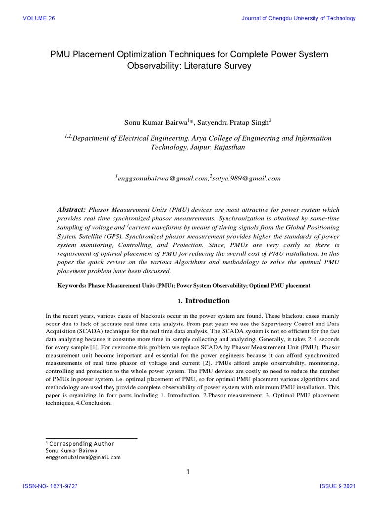 PMU Placement Optimization Techniques For Complete Power System Observability: Literature Survey ...