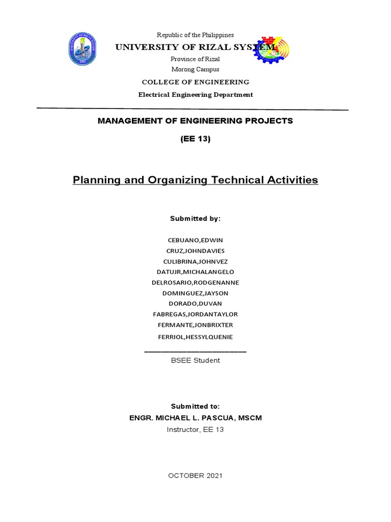 Planning and Organizing Technical Activities: University of Rizal ...