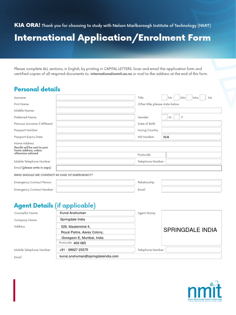 NMIT Application Form | PDF | Insurance | Travel Visa