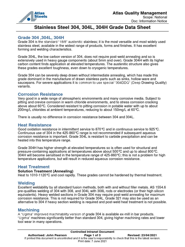 Stainless Steel 304 304L 304H Grade Data Sheet 23-04-21 | PDF ...