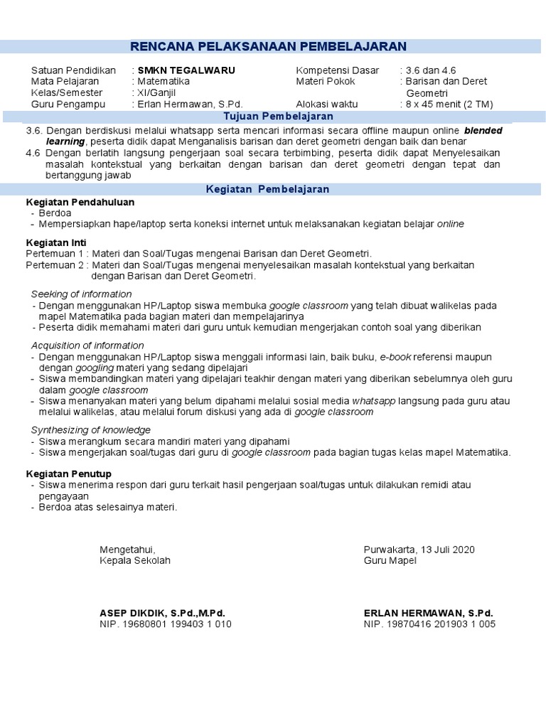 RPP - KD 3.6 - Barisan Geometri | PDF