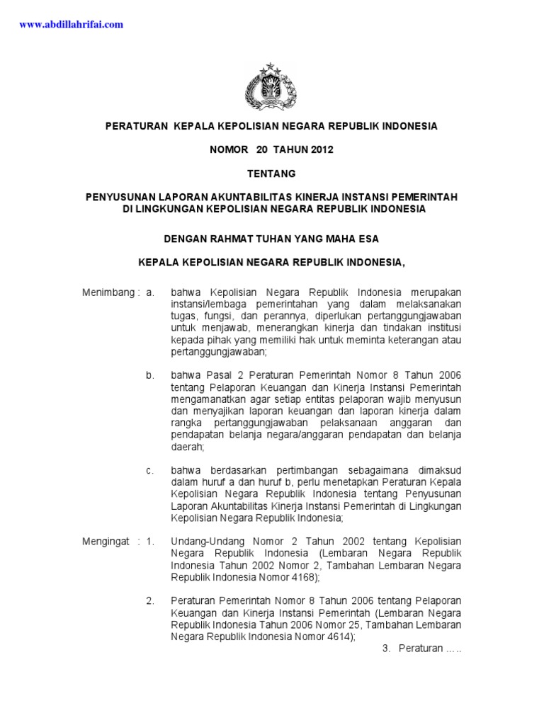 PERKAP NO 20 Tahun 2012 TTG PENYUSUNAN LAKIP POLRI | PDF | Bisnis ...