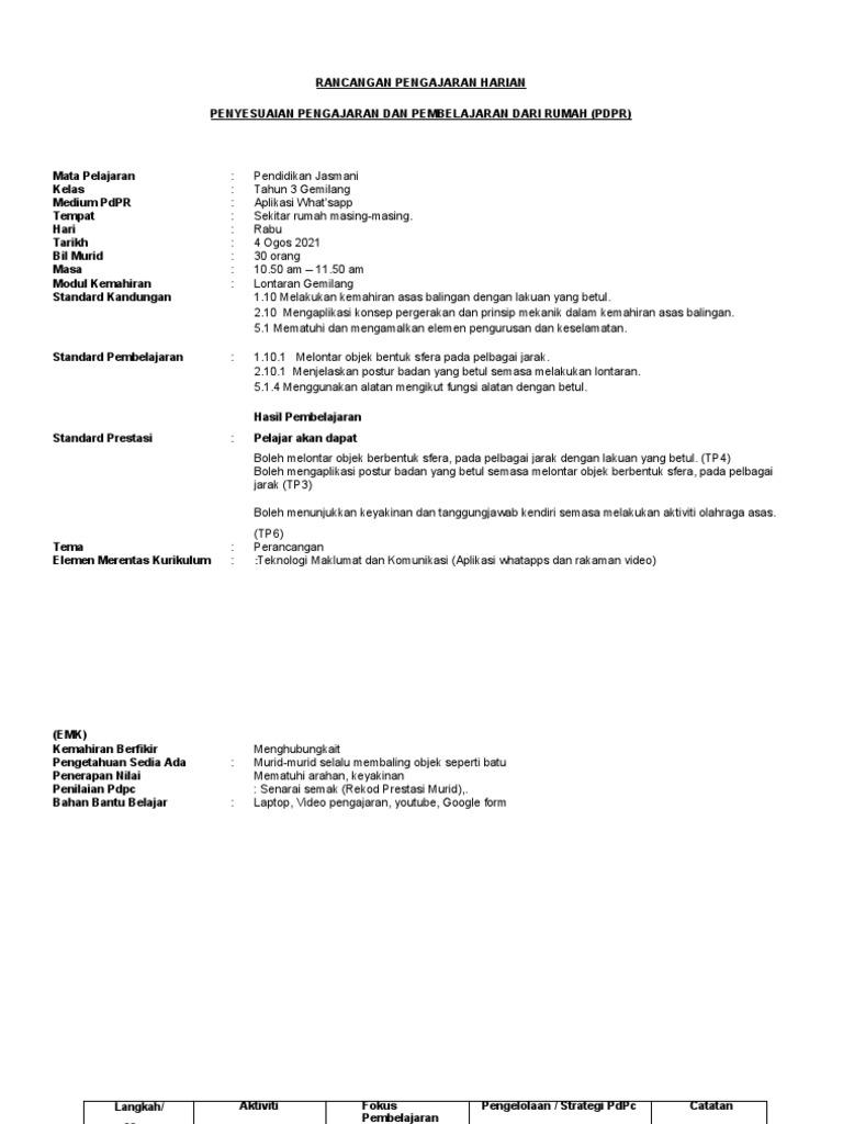 PdPR Pendidikan Jasmani Tahun 3 | PDF