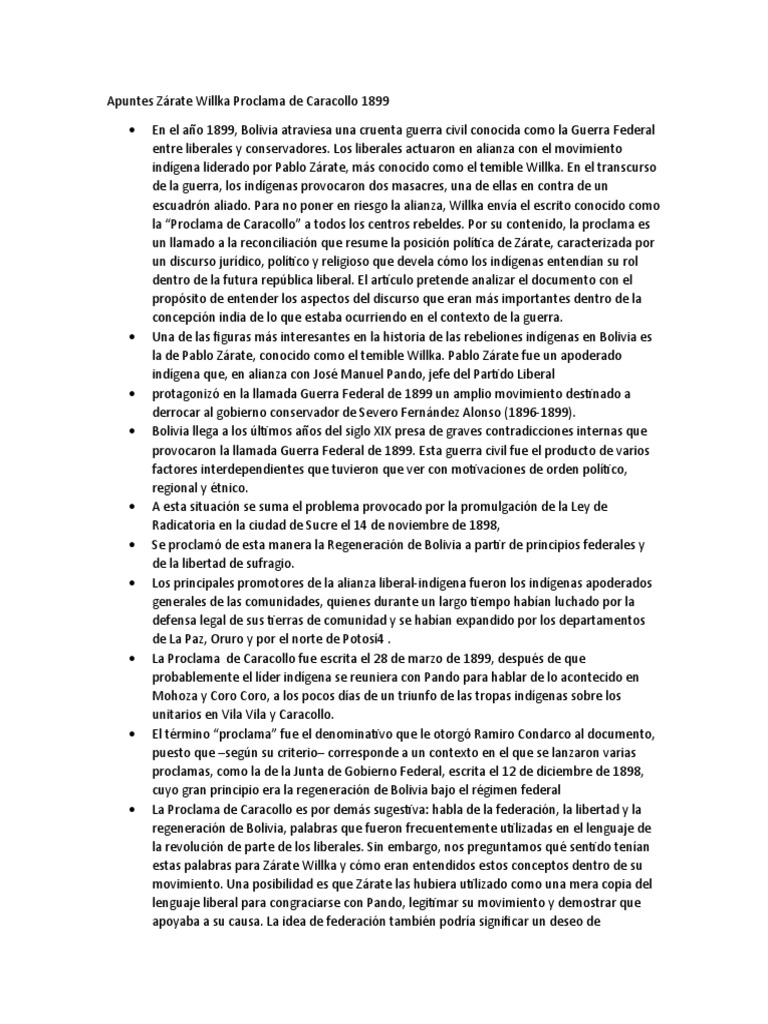 Apuntes Zárate Willka Proclama de Caracollo 1899 | PDF | Gobierno
