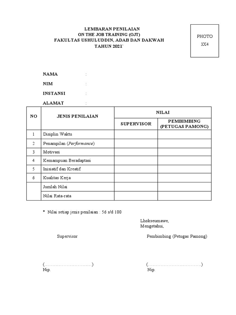 Lembaran Penilaian OJT 2021 | PDF