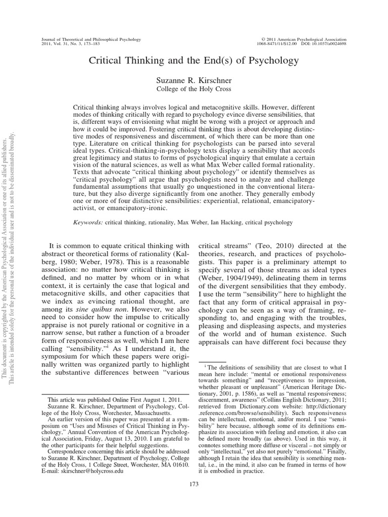 Critical Thinking and The Ends of Psychology | PDF | Critical Thinking ...